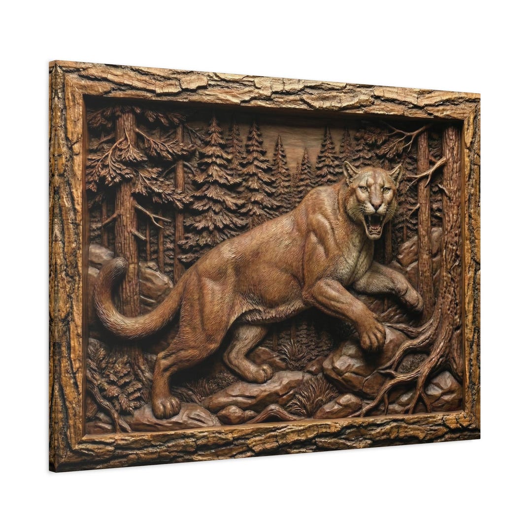 Mountain Cougar Relief Art Matte Canvas Wood Carving 40" X 30" X 1.25 ...