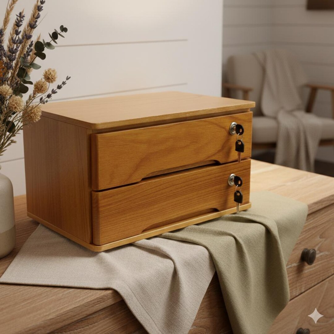 Wooden Two-tier Desktop Organizer With Lockable Drawers for Office ...