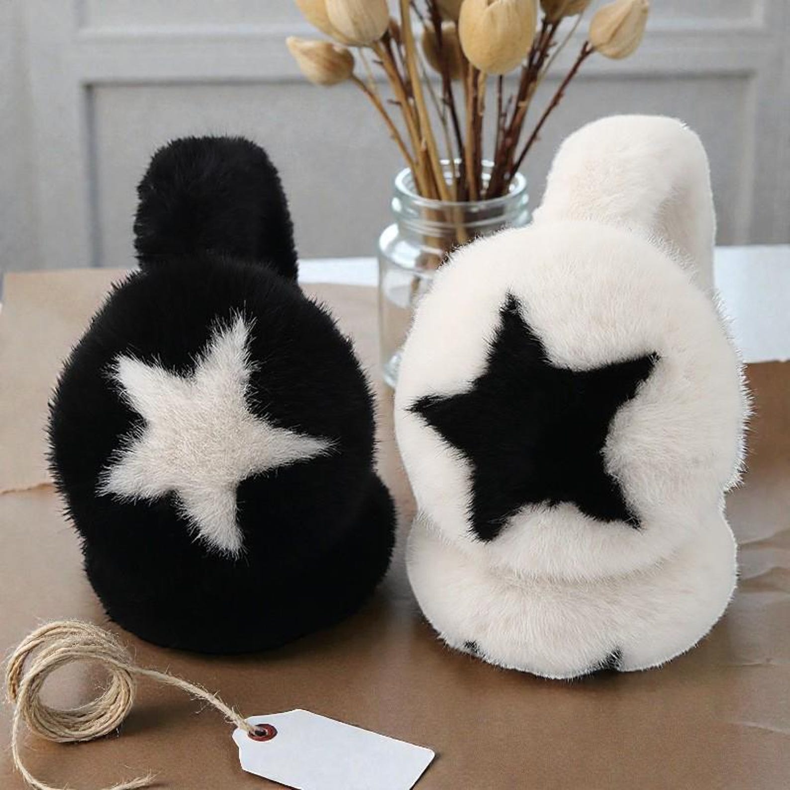 Title Star Plush Earmuffs | Y2K Fluffy Ear Warmers | Black and White ...