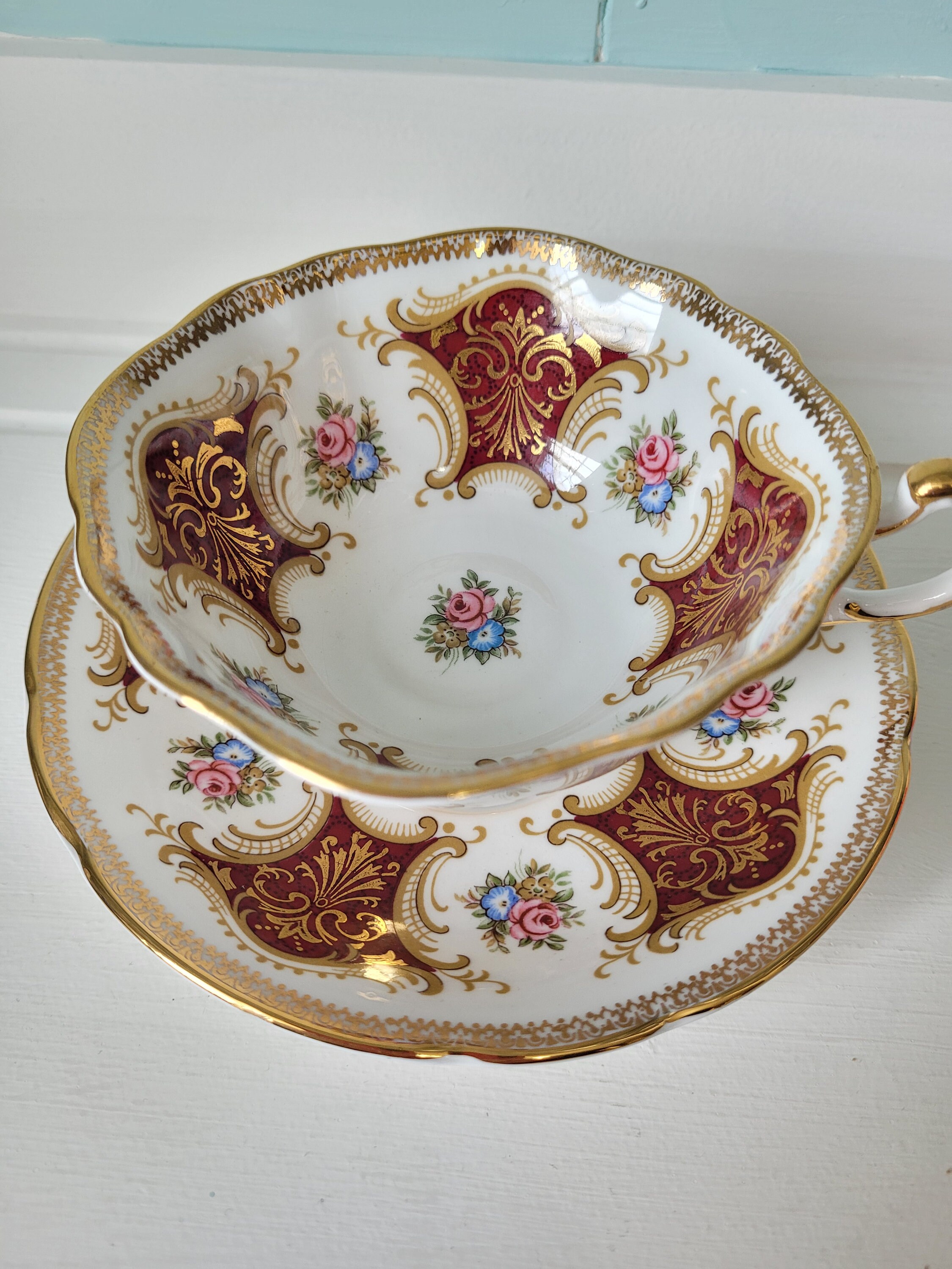 Paragon Wide Bowl Teacup Burgundy and Gold With Roses Unique Square ...
