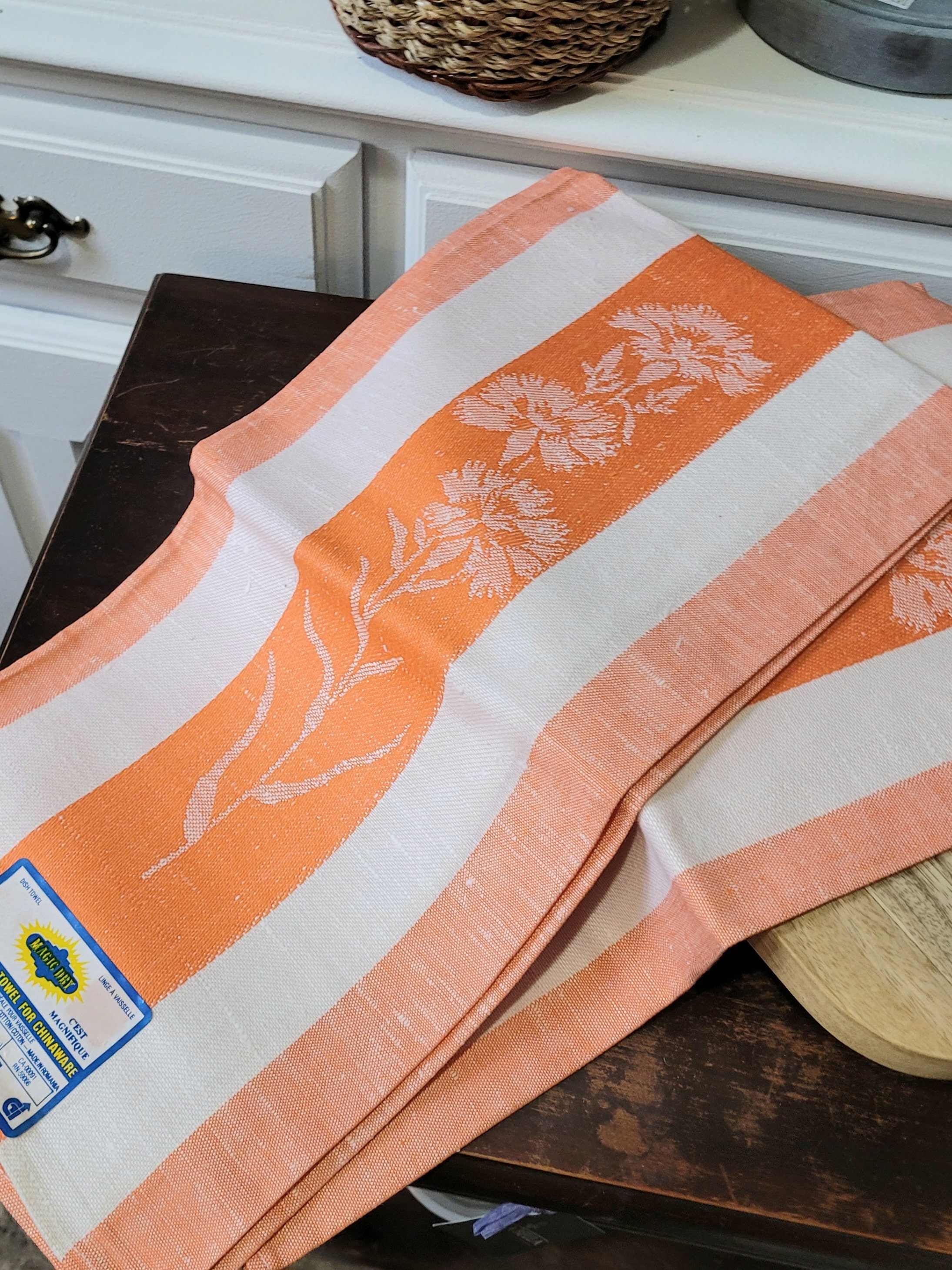 Set of Two Vintage Jacquard Dish Towels Retro Orange White Flowers ...