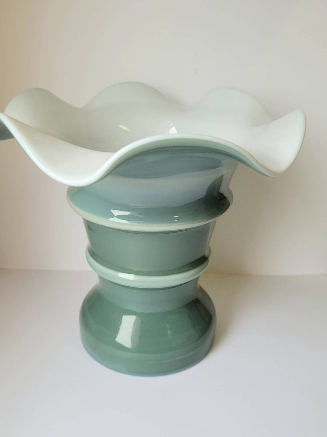 Altaglass Ruffled Vase Sage Green and White Vintage Handblown Art Glass ...