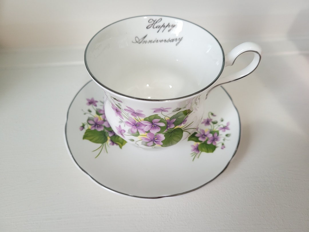 Happy Anniversary Teacup Purple Violets Royal Grafton Fine Bone China ...