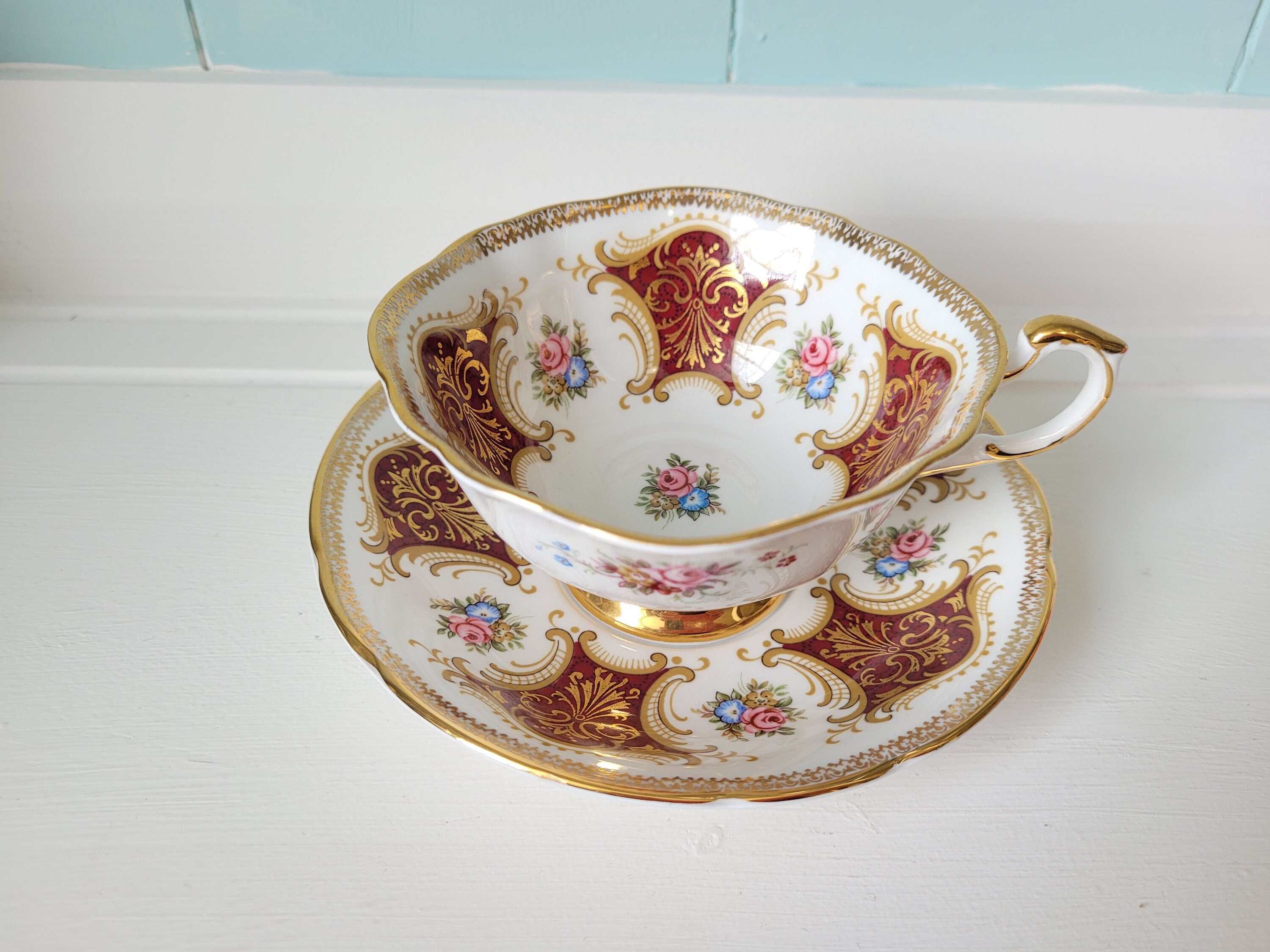 Paragon Wide Bowl Teacup Burgundy and Gold With Roses Unique Square ...