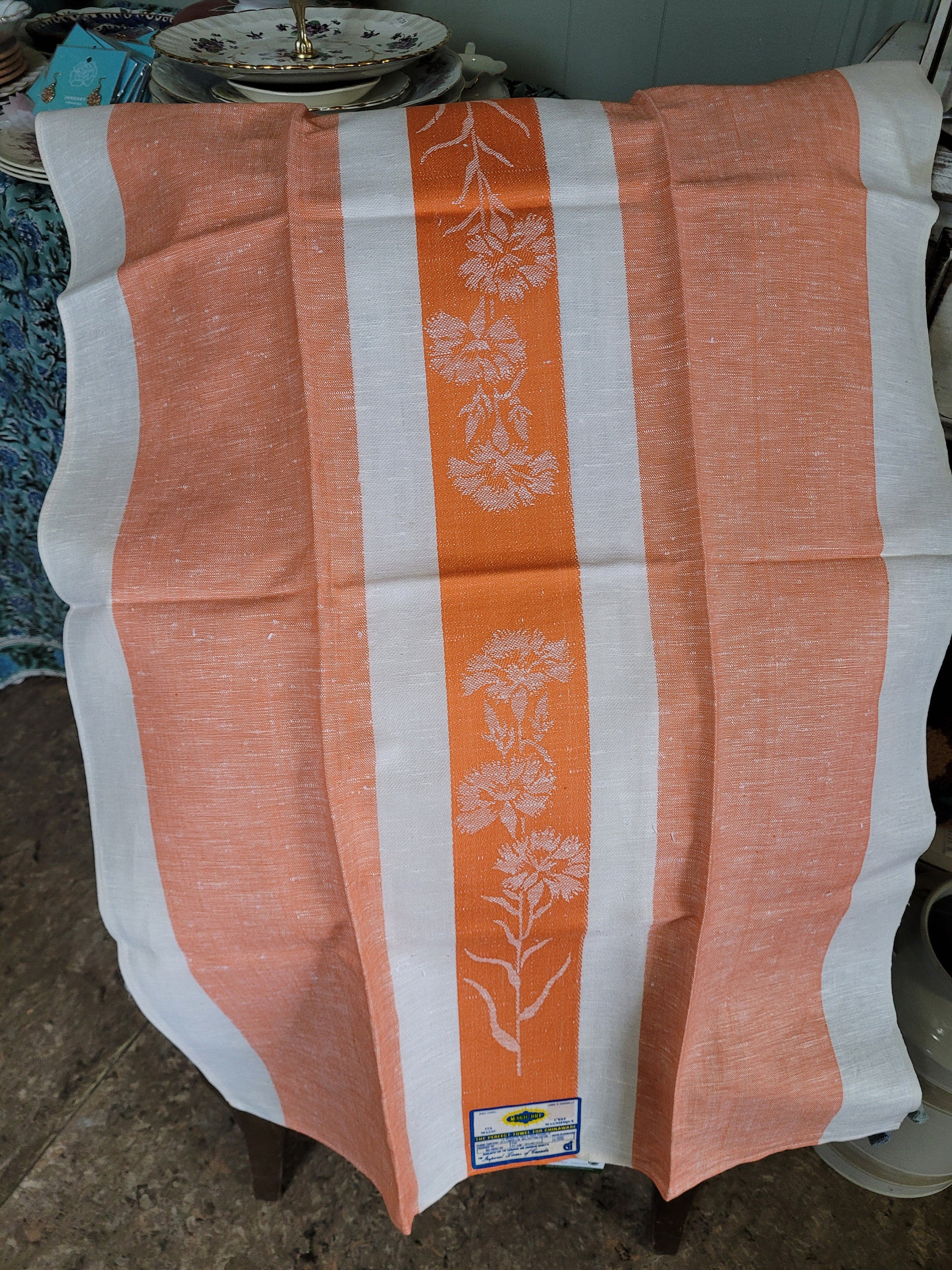 Set of Two Vintage Jacquard Dish Towels Retro Orange White Flowers ...