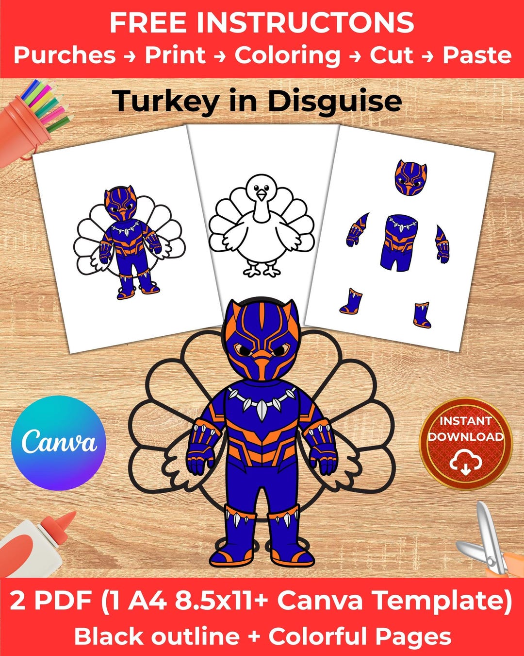 Turkey in Disguise Panther Superhero Craft Printable Thanksgiving Cut ...