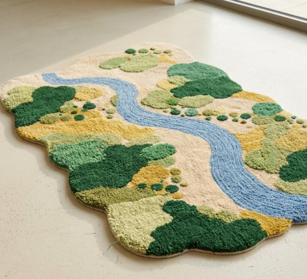 Hand Tufted Wool Landscape River Rug, Irregular Abstract Nature Carpet ...