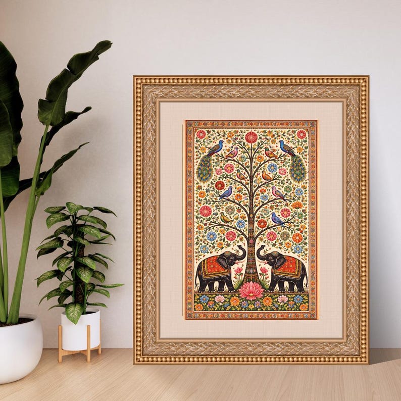 Tree of Life Elephant Print: Kalamkari Madhubani Folk Art (digital ...