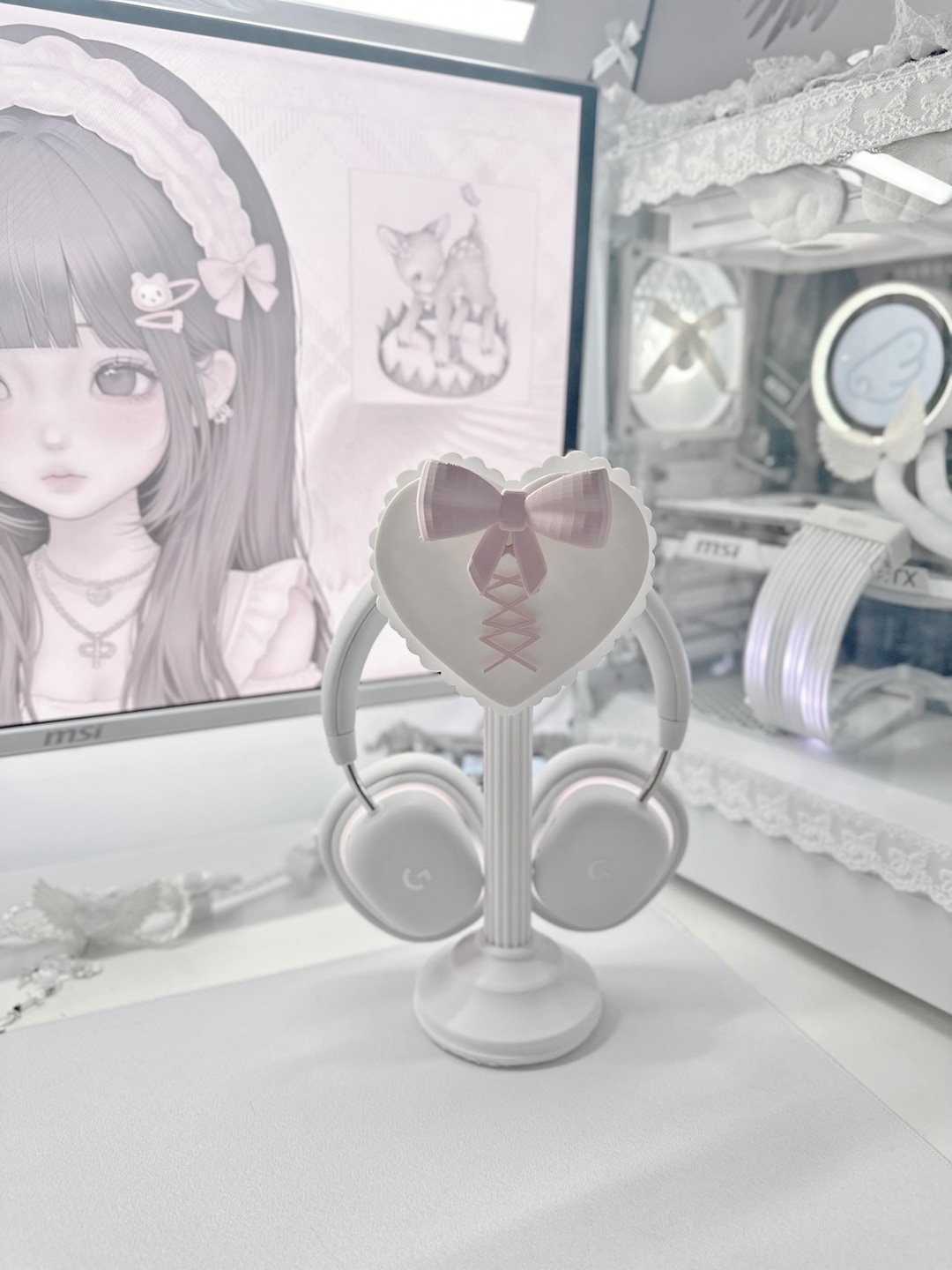 Coquette Ruffle Heart Bow 3D Printed Headphone Stand: Desk Decor, Girly ...