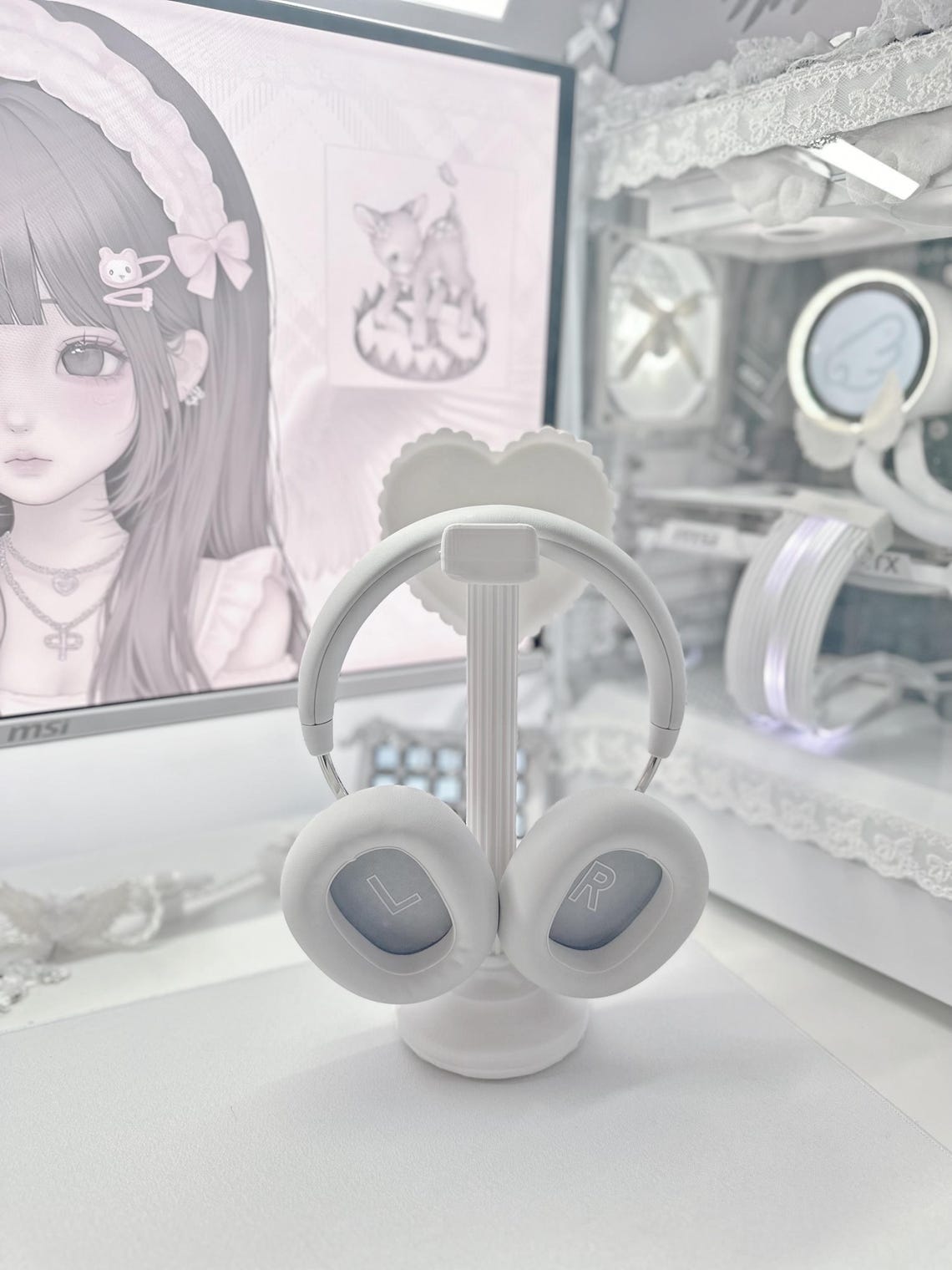 Coquette Ruffle Heart Bow 3D Printed Headphone Stand: Desk Decor, Girly ...
