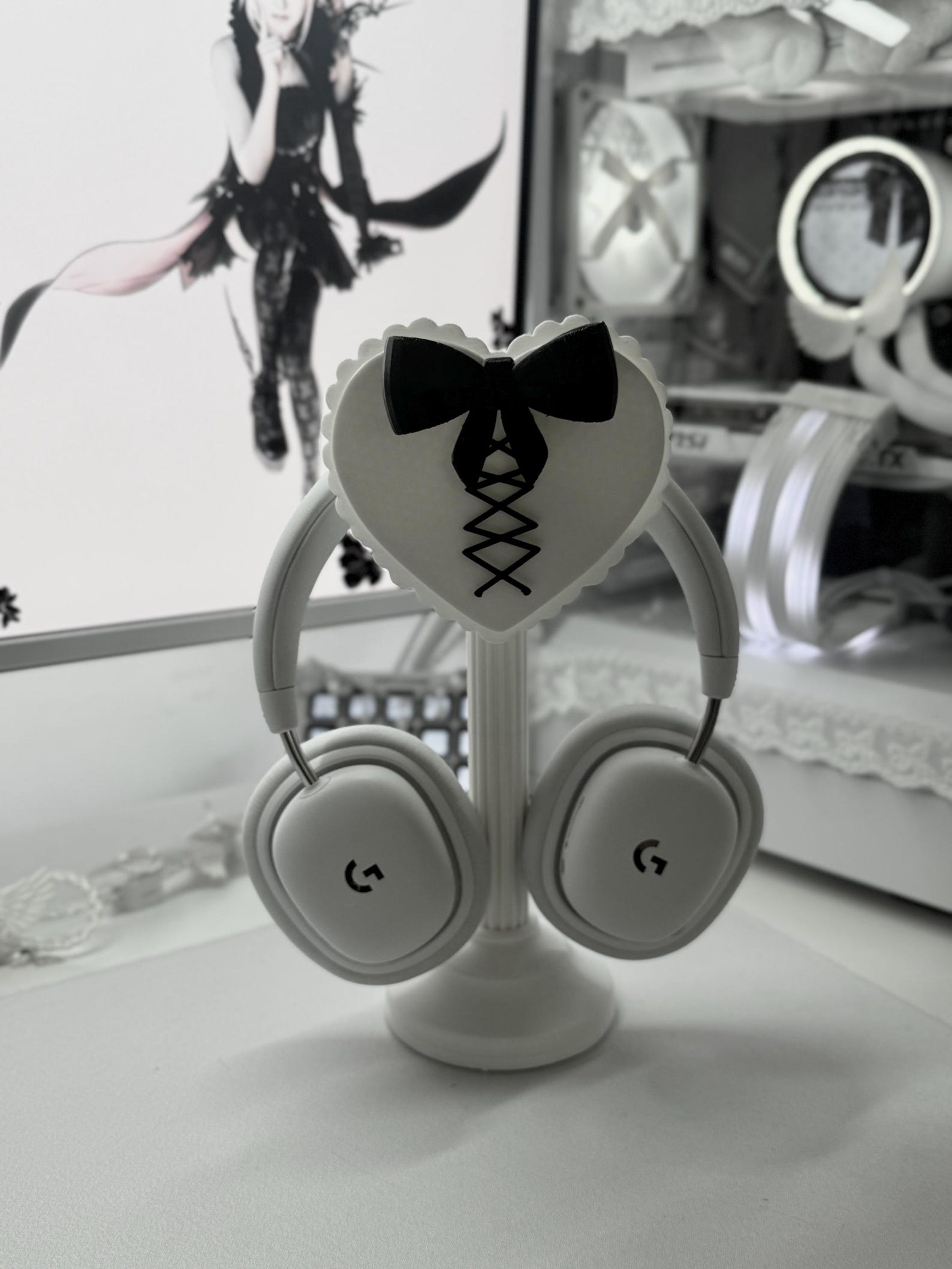 Coquette Ruffle Heart Bow 3D Printed Headphone Stand: Desk Decor, Girly ...
