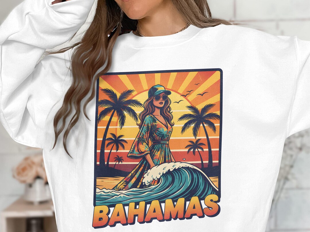 Bahamas Woman Retro Vibe, Palm Trees Beach, Island Getaway, Vintage ...