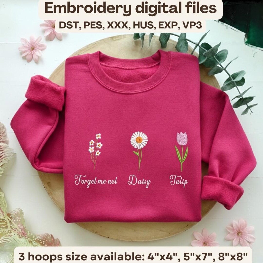 Flower Embroidery Design – Forget Me Not, Daisy & Tulip, Floral Stitch ...