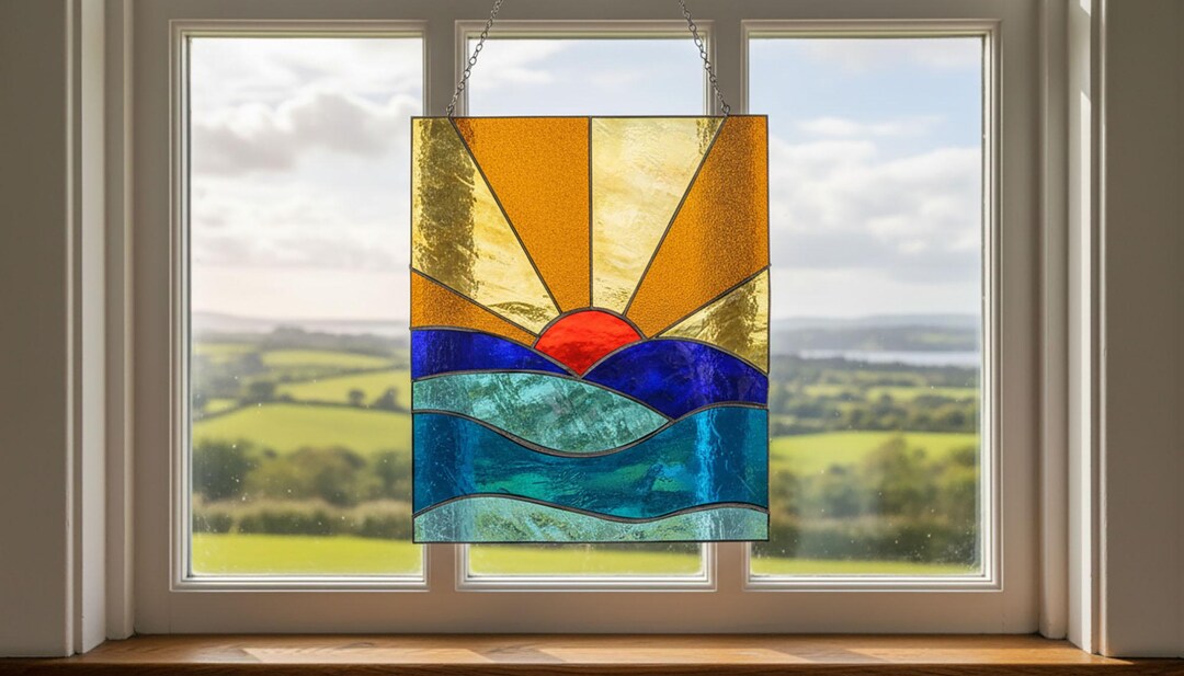 Large Sunset Stained Glass Panel Tiffany Style Sun Waves Window Hanging ...
