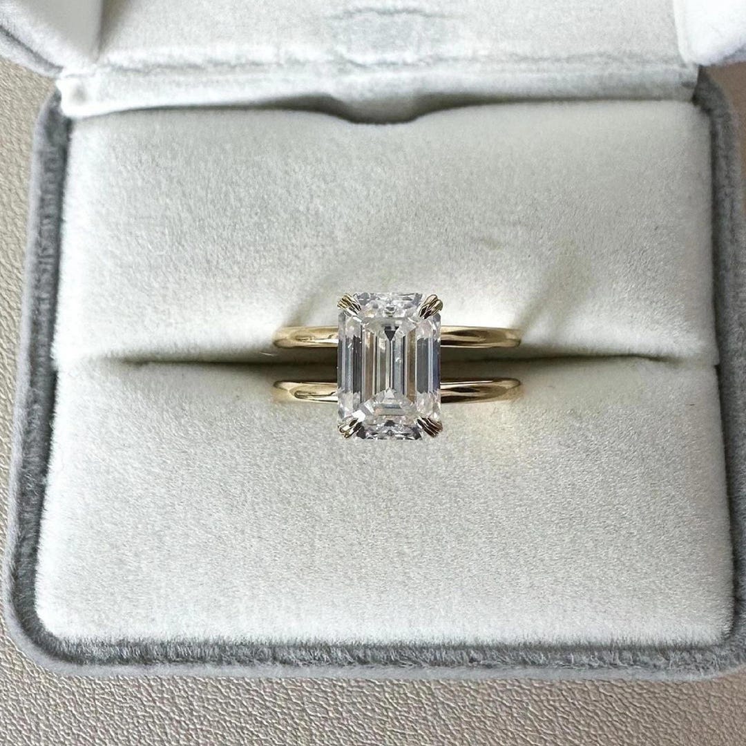 Vintage 3.3 CT Emerald Cut Moissanite Engagement Ring,14k Solid Yellow ...