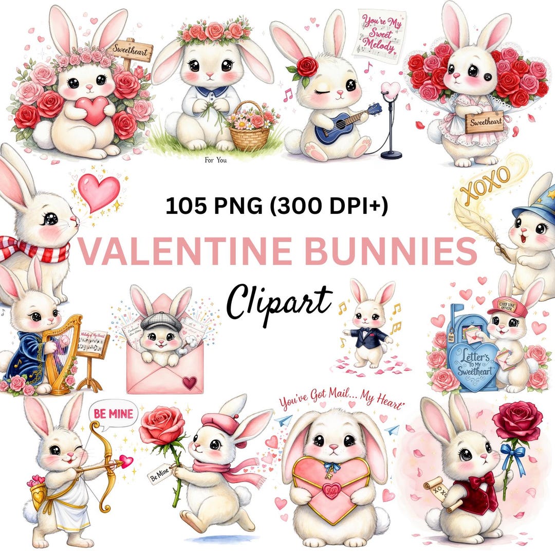 Valentine Bunny Clipart Bundle, Watercolor Rabbit PNG (digital Download ...