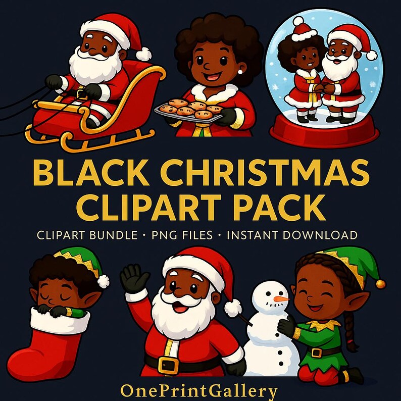 Black Santa Christmas Clipart • PNG Holiday Art Bundle (digital ...