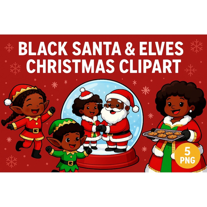 Black Santa & Elves Christmas Clipart | African American PNG Set (5 ...