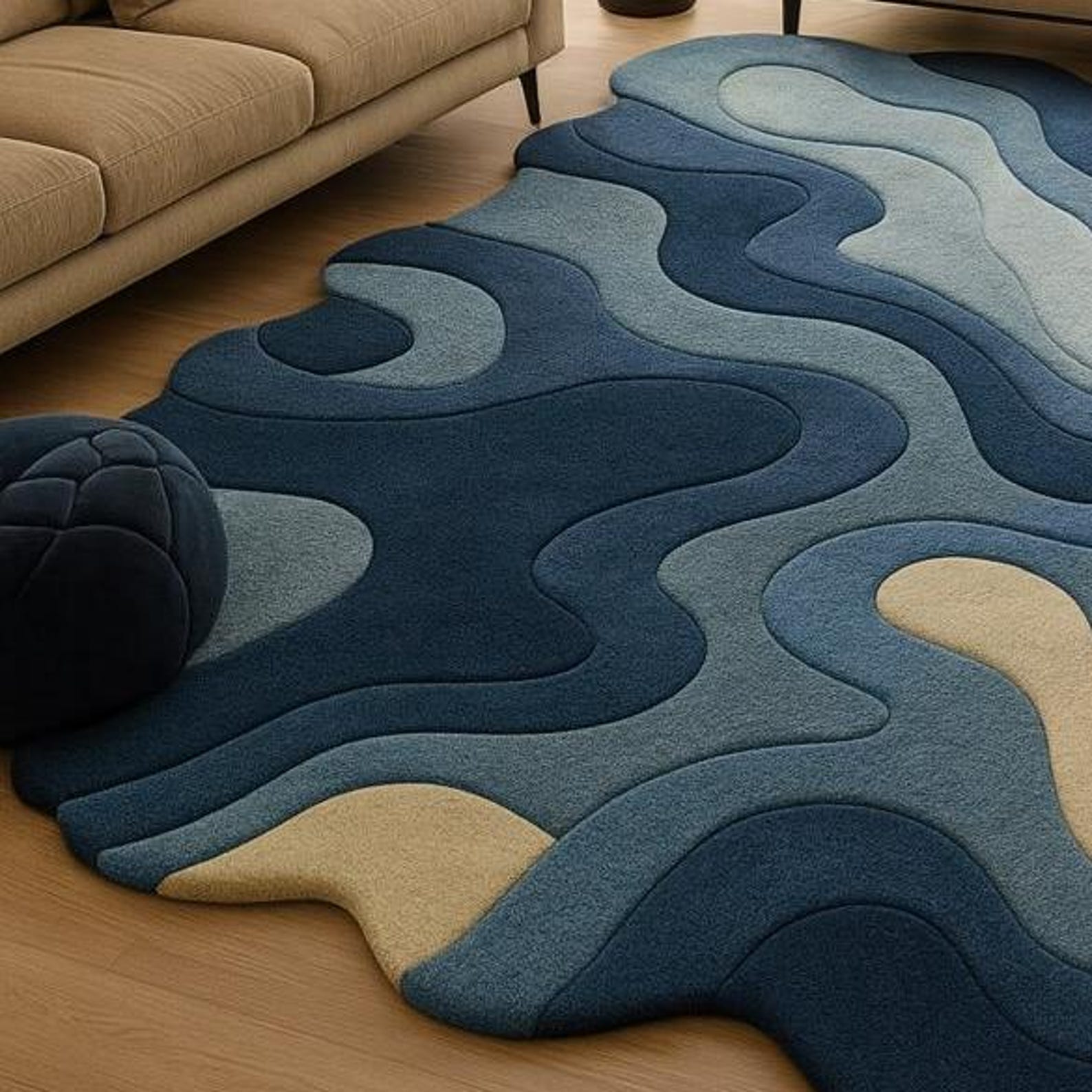 Hand Tufted Wool Rug | Abstract Wave Design, Navy Blue & Beige - Etsy
