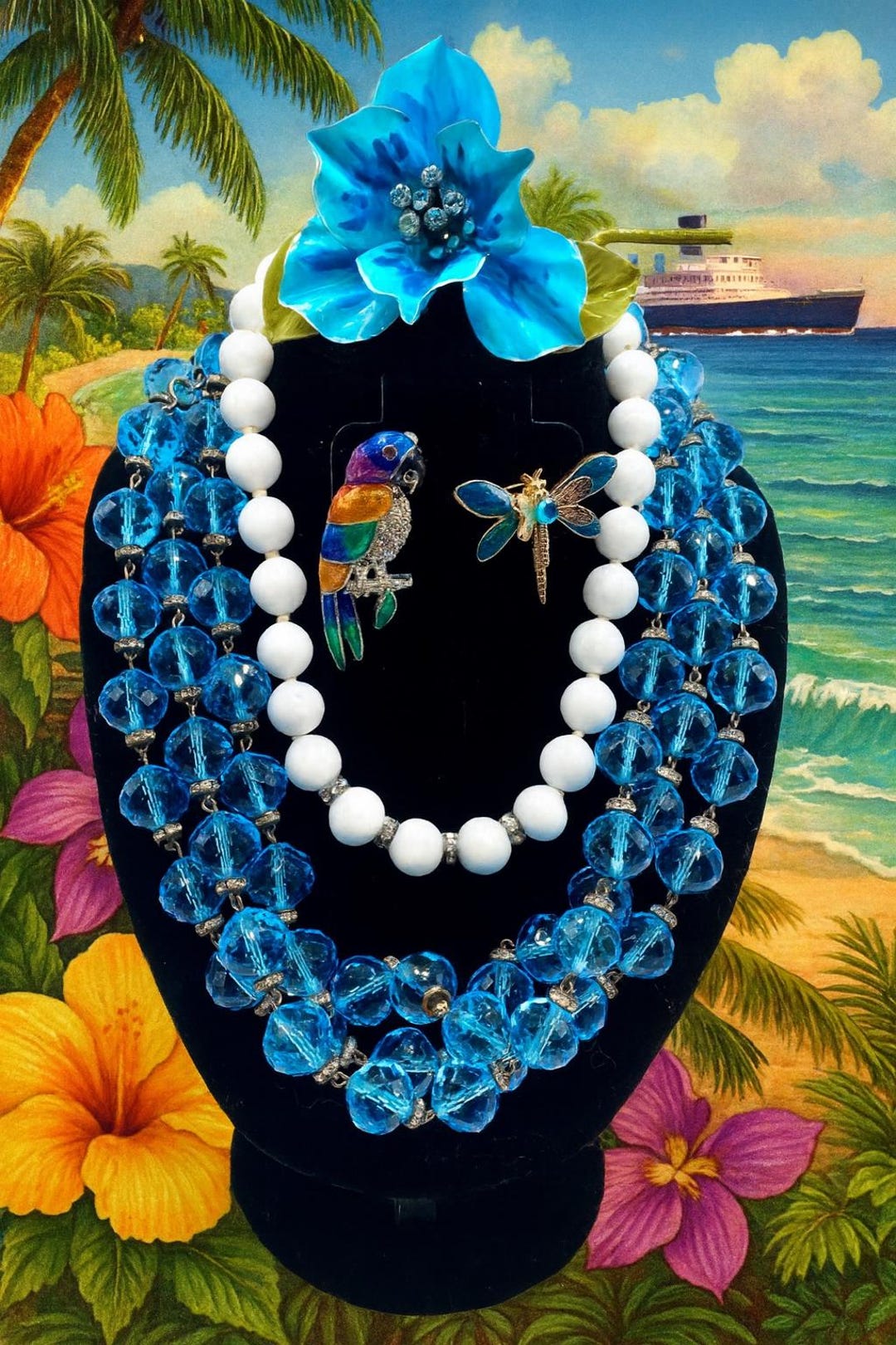 1980s Coastal Resort Jewelry Capsule | Blue Glass Bead Necklace ...