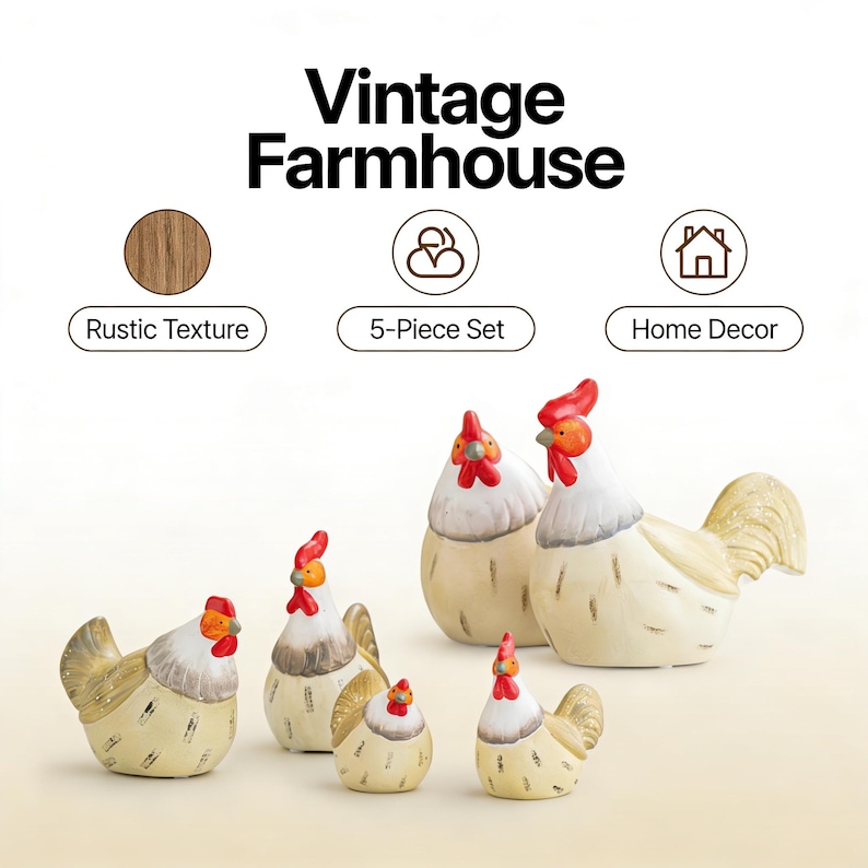 Hand-painted Resin Chicken Figurines, Farmhouse Kitchen Decor, Set of 6 ...