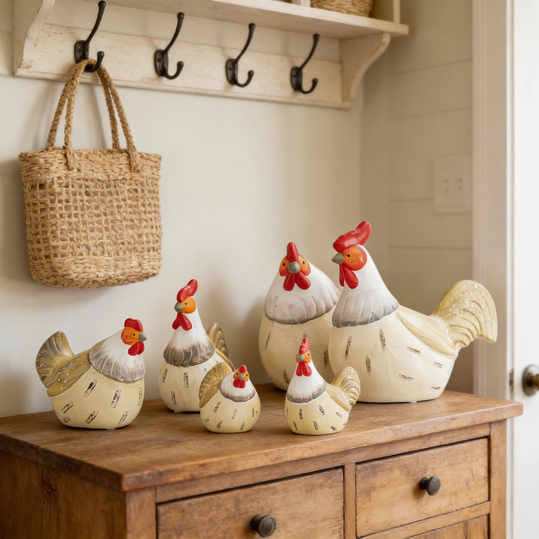 Hand-painted Resin Chicken Figurines, Farmhouse Kitchen Decor, Set of 6 ...