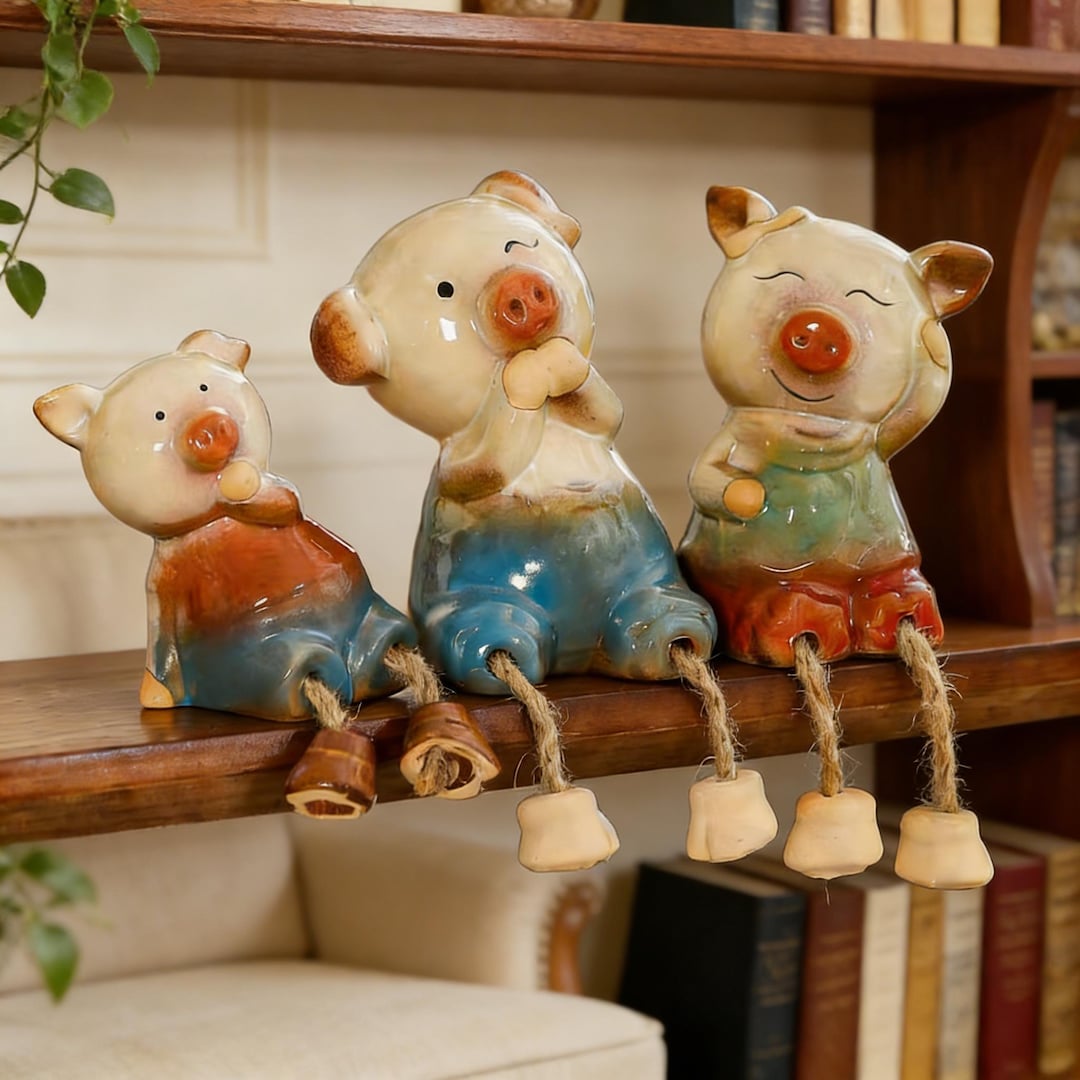 Ceramic Pig Figurines (set of 3) | Farmhouse Shelf Decor With Dangling ...
