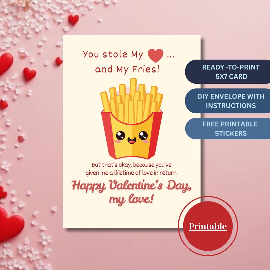 Printable Kawaii Fries Valentine's Day Card – Pun Love, 5x7 Instant ...