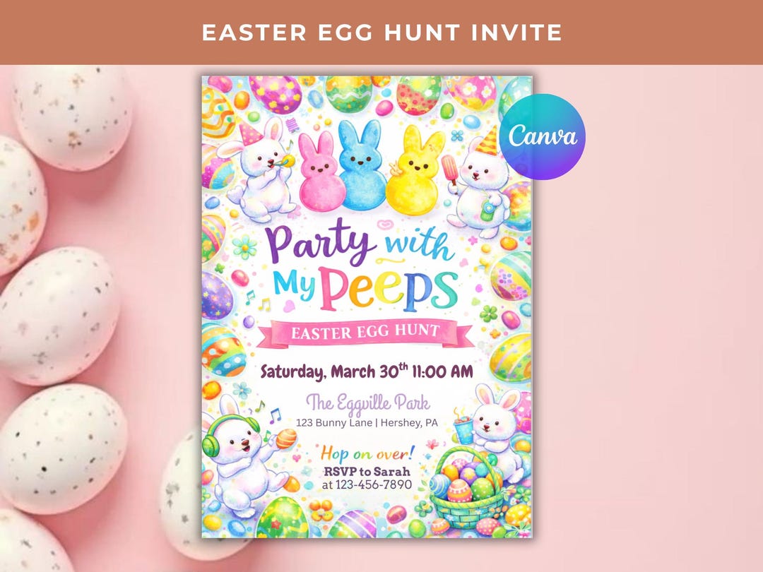 Easter Egg Hunt Invitation, Party With My Peeps, Pastel Bunny Kids ...