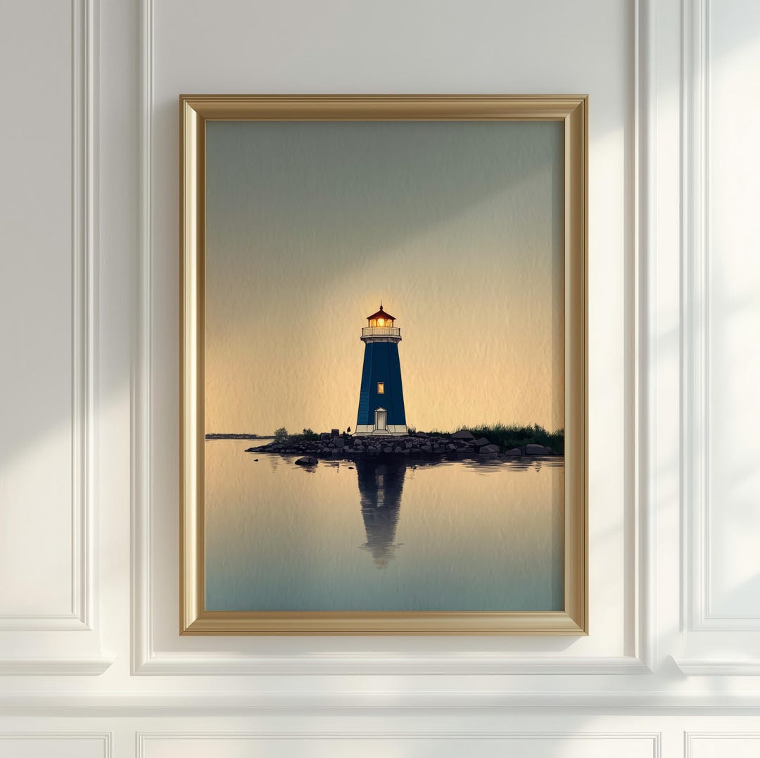 Light on Water - Minimal Lighthouse Print, Scandinavian Coastal Wall ...