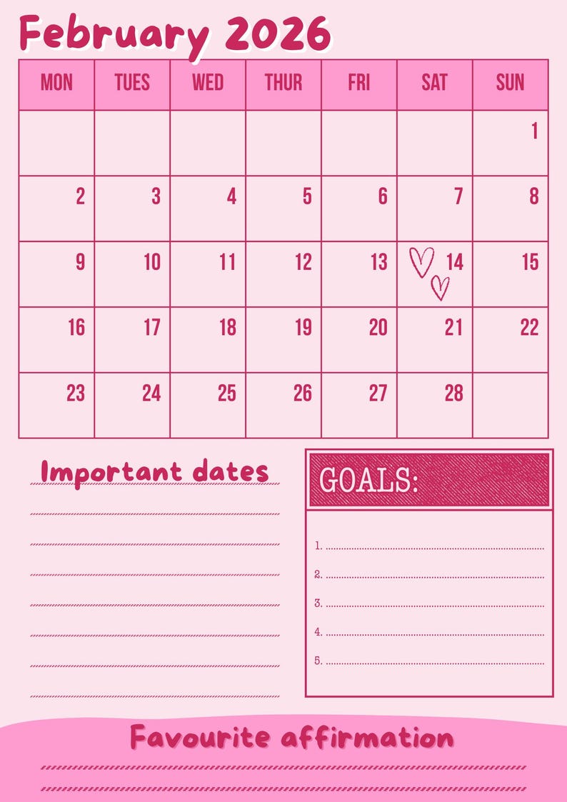 February Calendar Template 2026 | Printable Monthly Planner | Goals ...