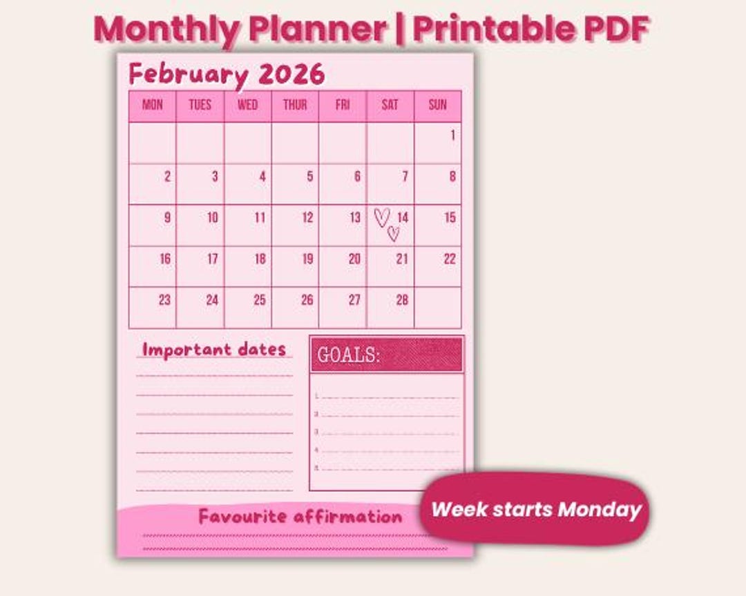 February Calendar Template 2026 | Printable Monthly Planner | Goals ...