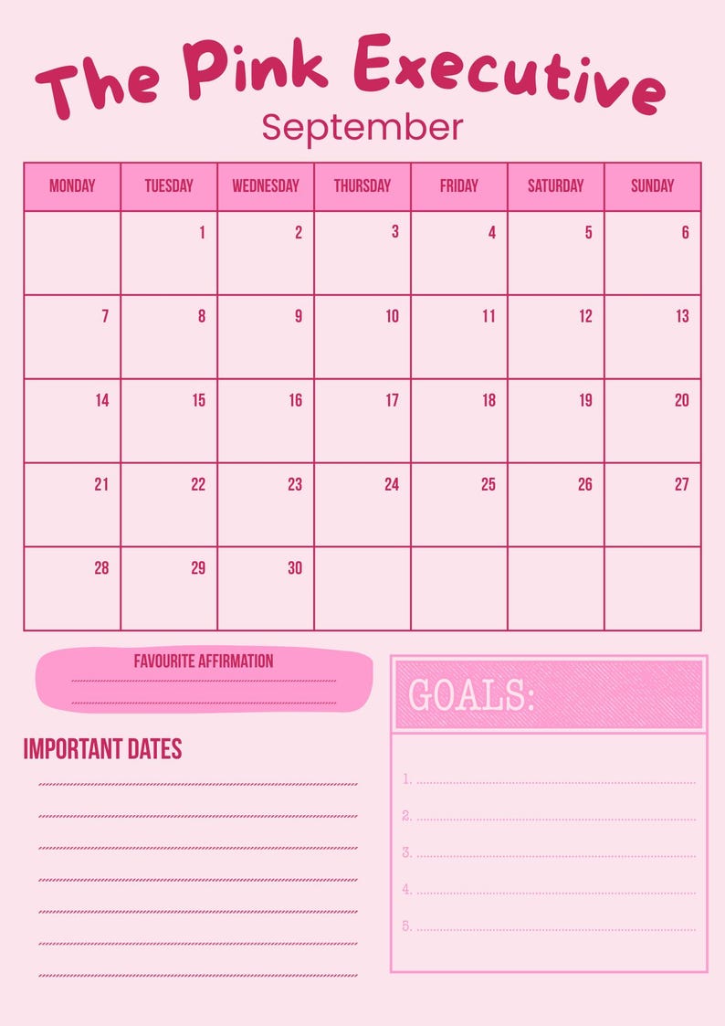 Pink September Calendar Template 2026 | Printable Monthly Planner ...