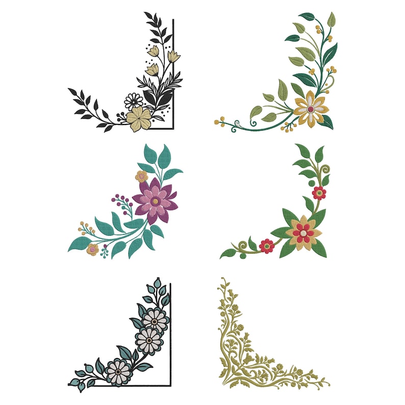 Floral Corner Frame Embroidery Design, Elegant Botanical Border Machine ...