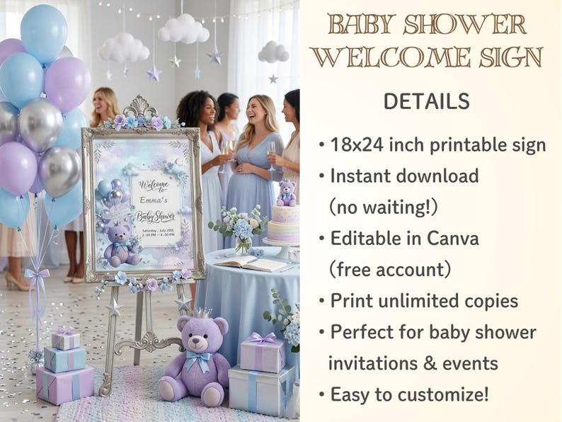 Blue Teddy Bear Welcome Sign Template, Boy Shower Decor (digital ...