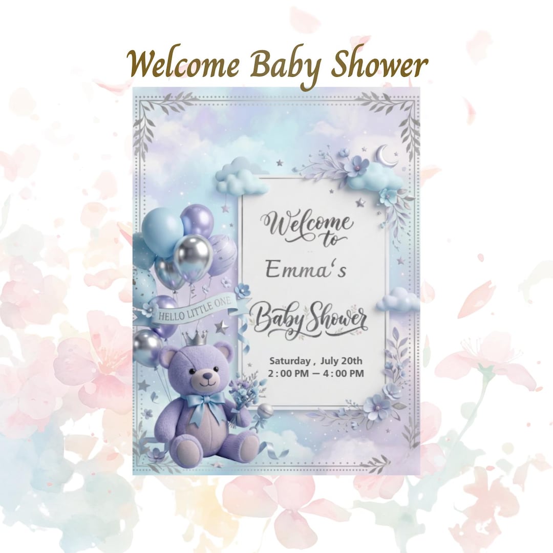 Blue Teddy Bear Welcome Sign Template, Boy Shower Decor (digital ...
