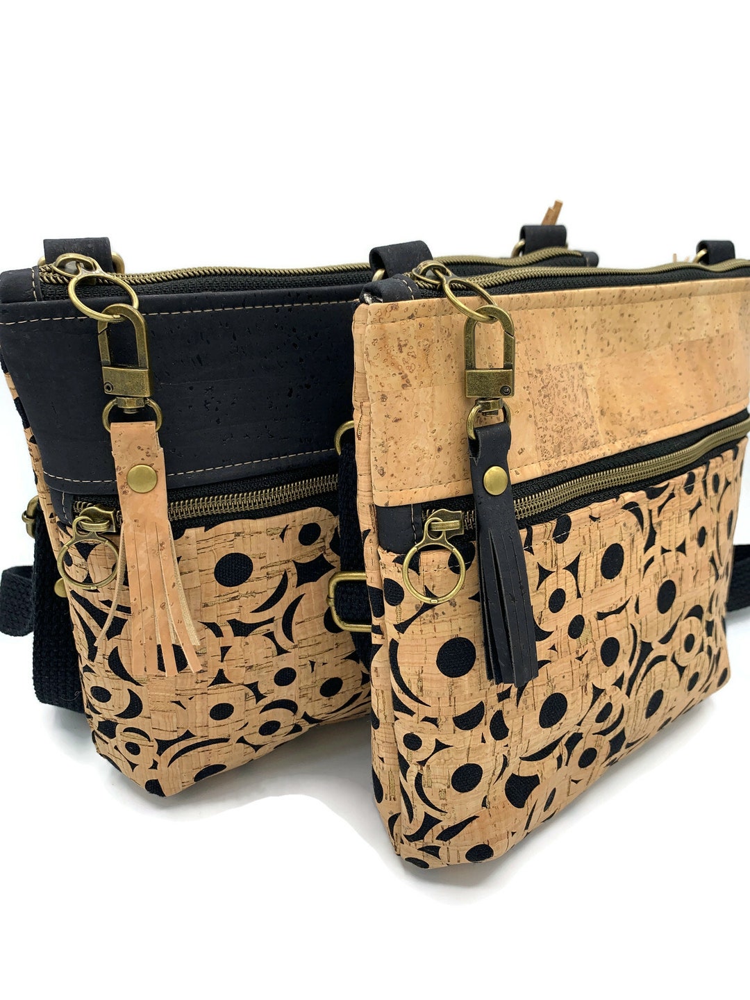 Double Zip Bag, Cross Body Bag, Cork Purse, Black Purse, Natural Cork ...