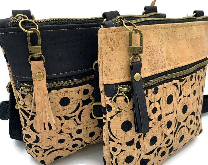 Double Zip Bag, Cross Body Bag, Cork Purse, Black Purse, Natural Cork ...