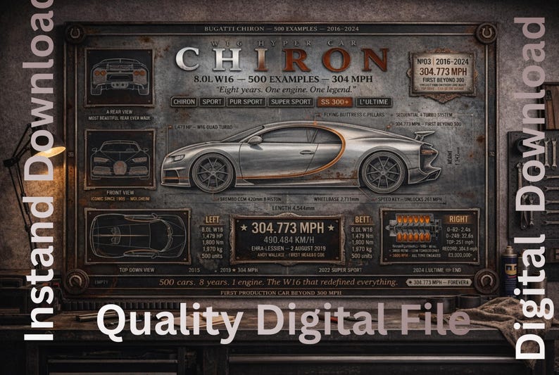 Bugatti Chiron Supercar Infographic Print, W16 Hypercar Technical Art ...