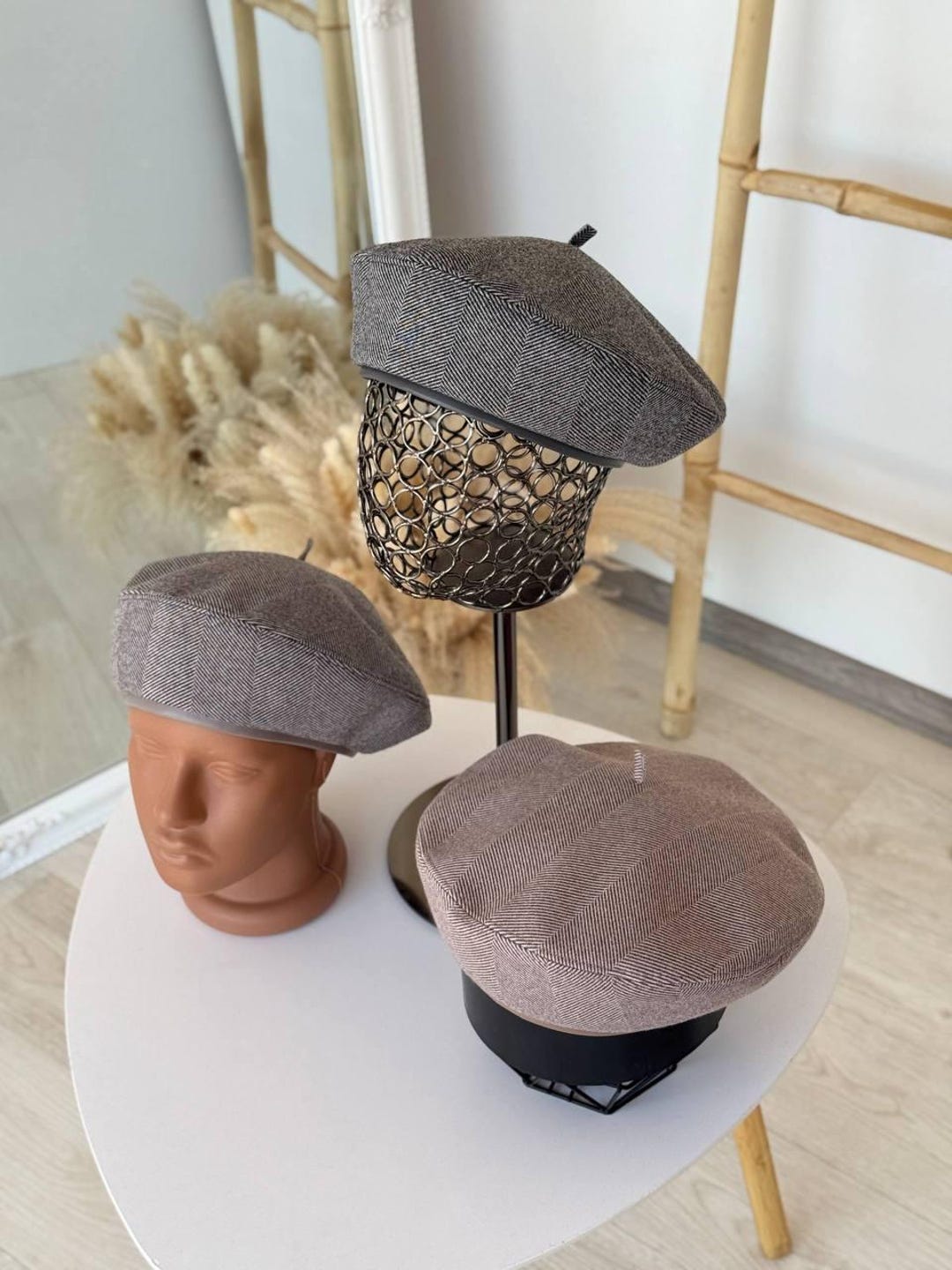 Wool Beret Winter, Herringbone Beret Hat, Leather Stem Beret, Fleece ...