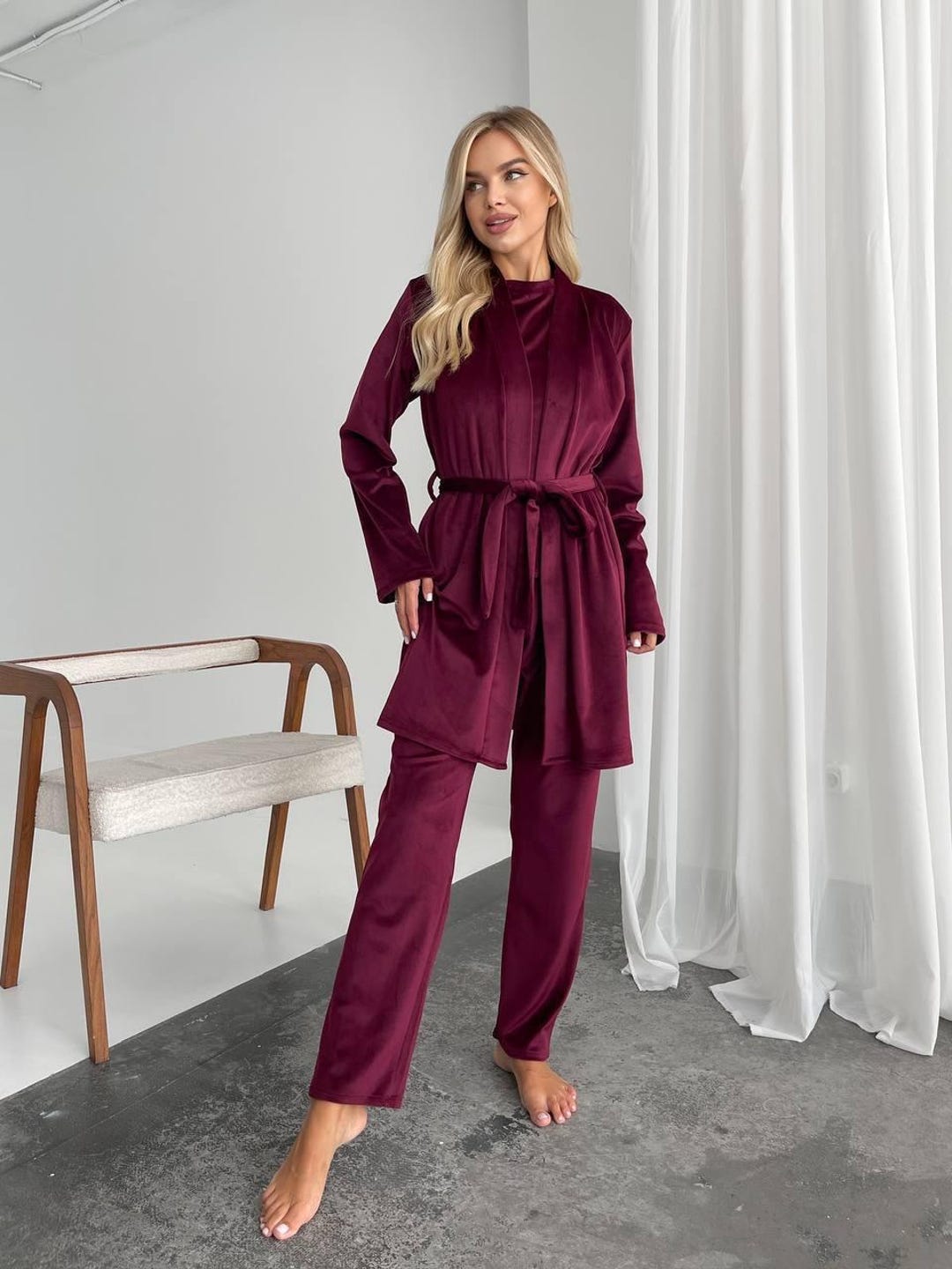 Velour 3 Piece Lounge Set Women, Soft Velour Pajama Set, Top Pants Robe ...