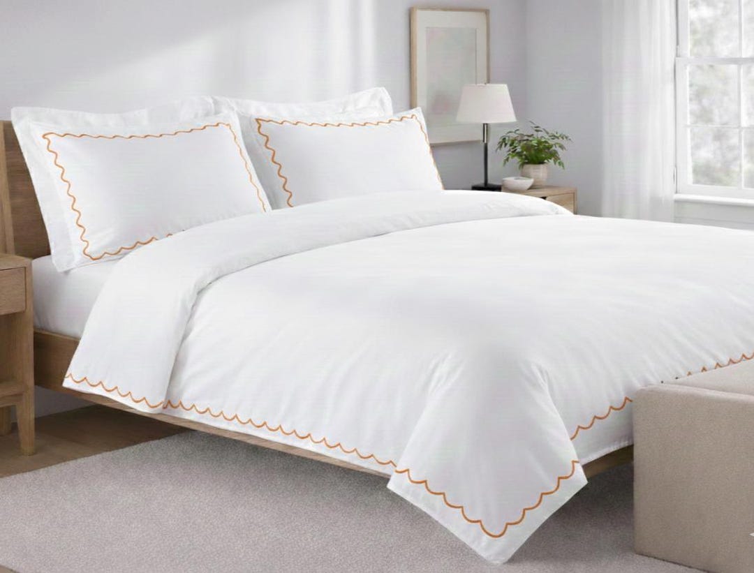 White Scalloped Duvet Cover Set With Scallop Trim, Minimalist Luxury ...