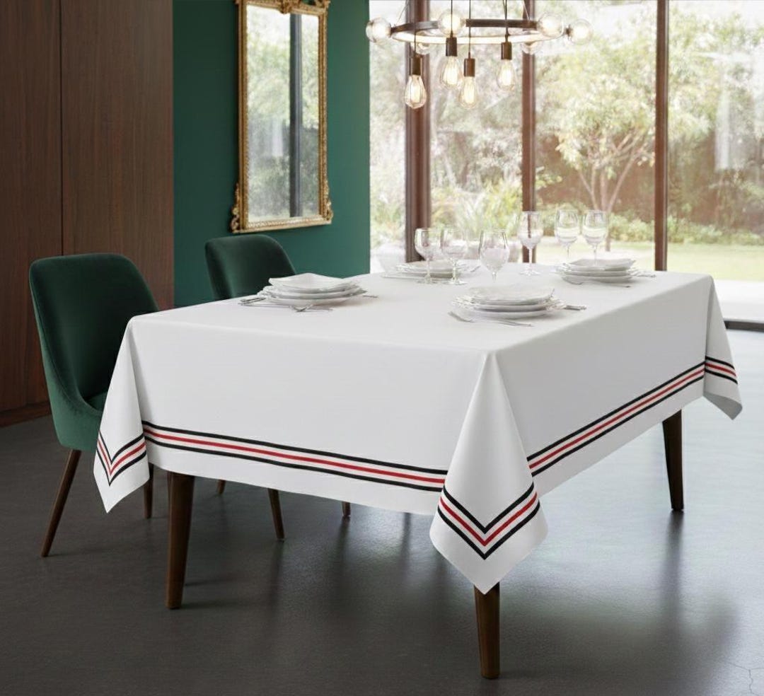 Custom White Tablecloth With Red & Black Stripe Border – Modern Table ...