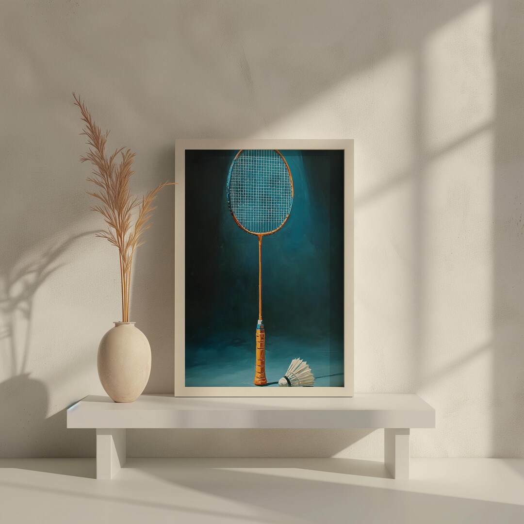 Badminton Racket Wall Art | Shuttlecock Sports Poster | Blue and Gold ...
