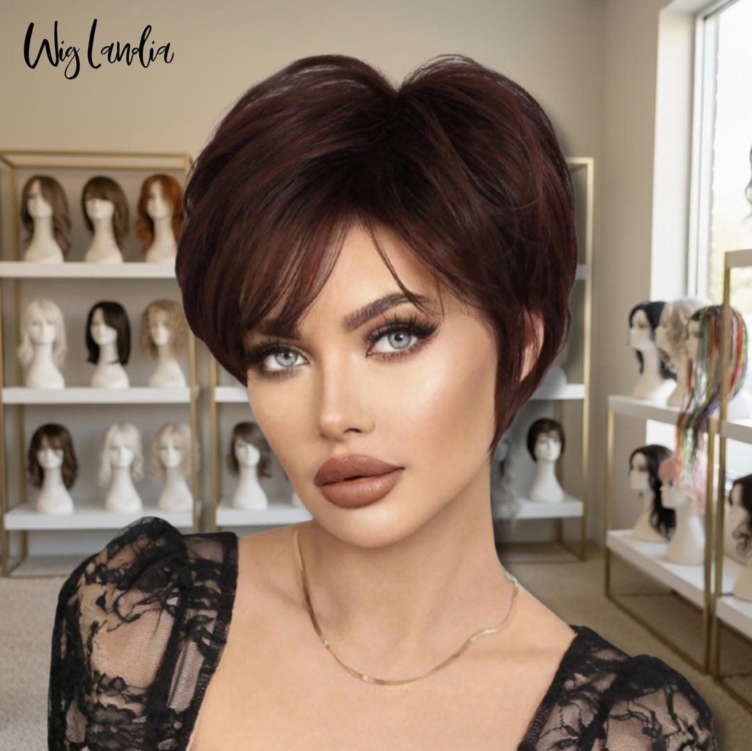 Short Pixie Cut Synthetic Wig, Dark Red Brown Layered Wig, Natural ...