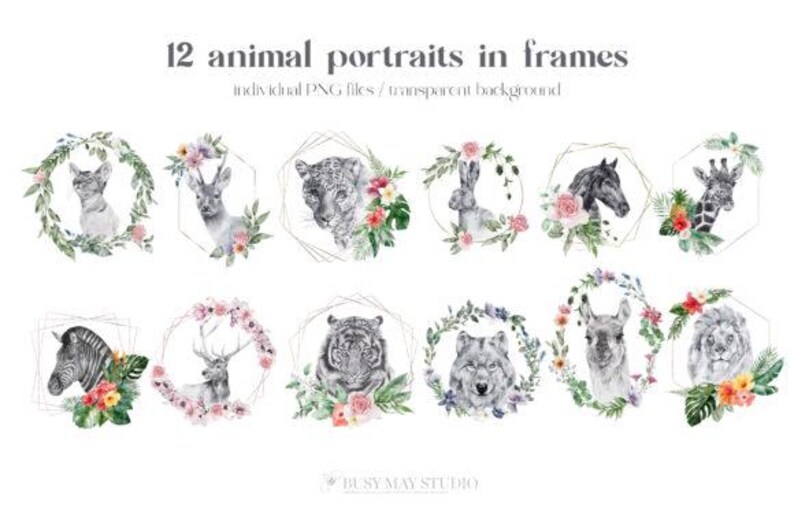 Watercolor Animal Clipart – Floral Wild Animal Portrait, Gold Geometric ...