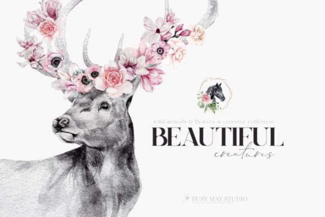 Watercolor Animal Clipart – Floral Wild Animal Portrait, Gold Geometric ...