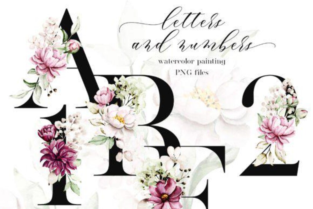 Alphabet Flowers Clipart Watercolor Floral Letters Monogram Bundle ...