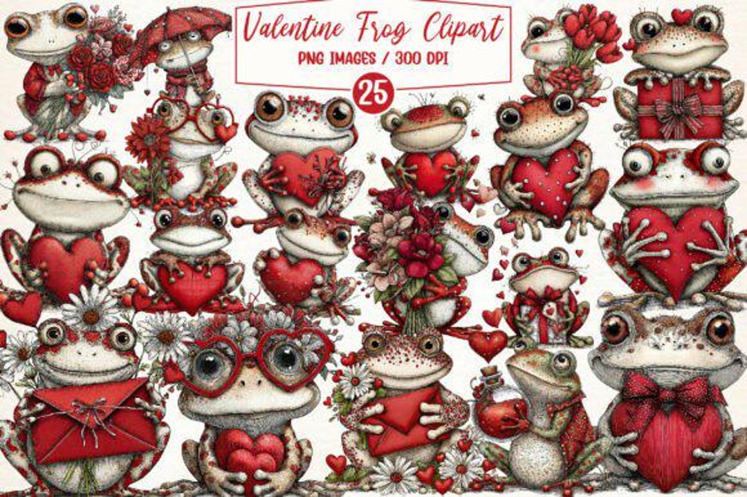Whimsical Valentine Frog Clipart Bundle – Cottage Love, Pastel Animal ...