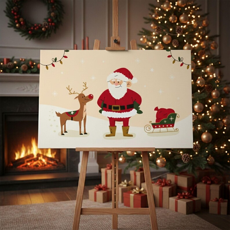 Cartoon Santa and Reindeer Canvas Art, Winter Christmas Decor - Etsy